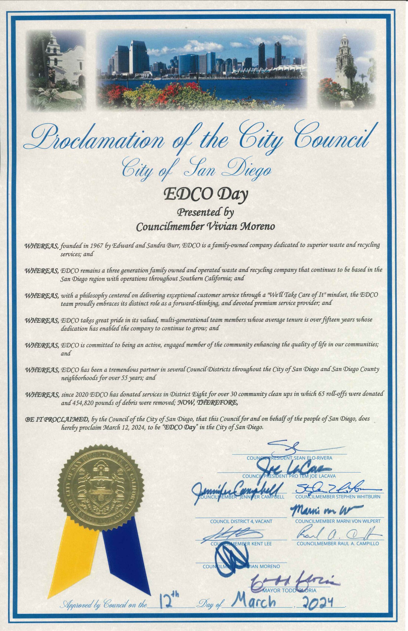EDCO Day Proclaimed in the City of San Diego - News - EDCO Fallbrook